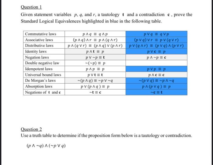 Solved Question 1 Given statement variables p, q, and r, a | Chegg.com