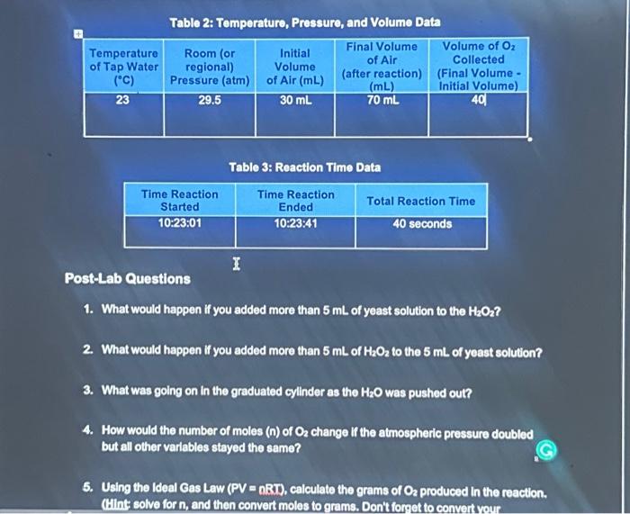 Solved Table 2: Temperature, Pressure, and Volume Data Table | Chegg.com