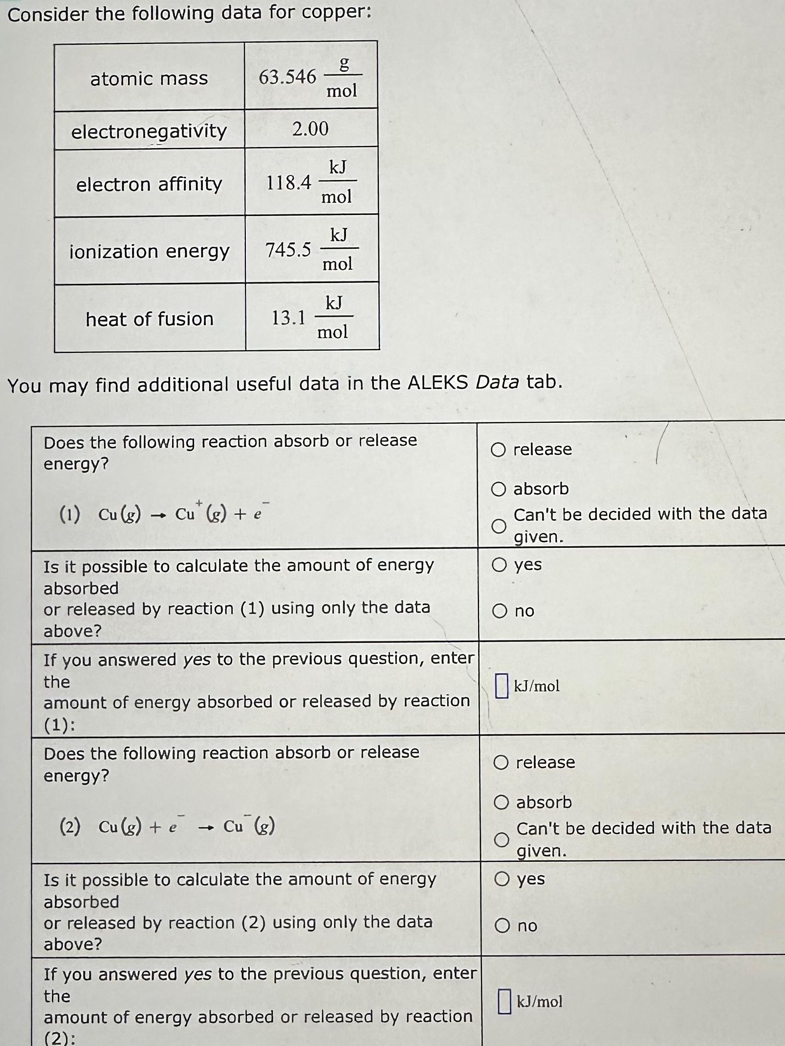 Solved Consider the following data for copper:\table[[atomic | Chegg.com