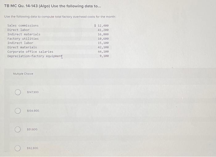 Solved TB MC Qu. 14-143 (Algo) Use the following data to... | Chegg.com