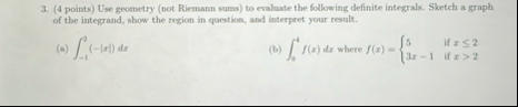 Solved (4 ﻿points) ﻿Use geometry (not Riemann sums) ﻿to | Chegg.com