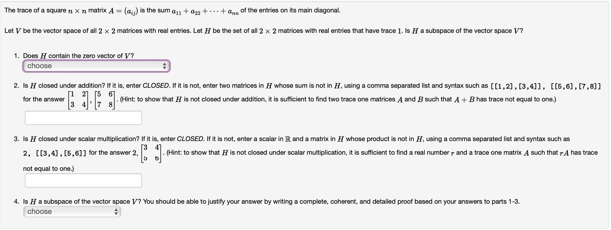 Solved The trace of a square n×n ﻿matrix A=(aij) ﻿is the sum | Chegg.com