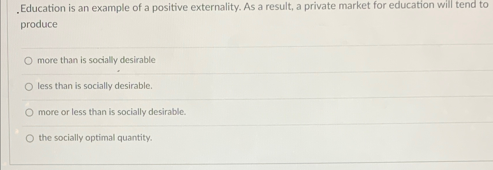 Solved Education is an example of a positive externality. As | Chegg.com