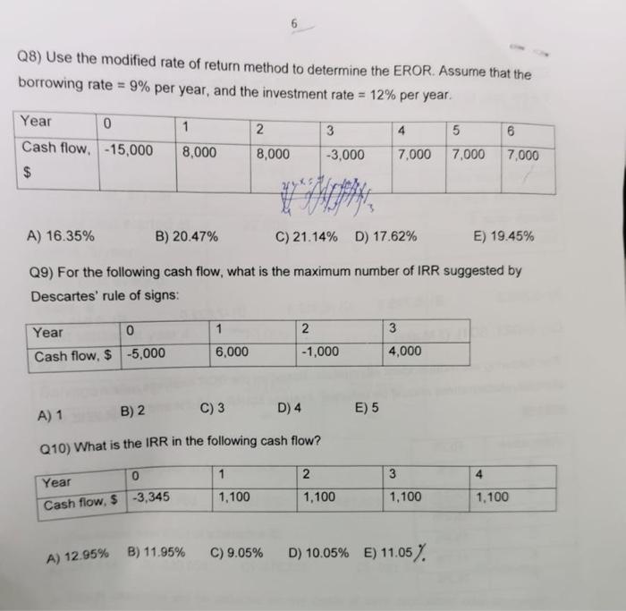 Solved Q8) Use the modified rate of return method to | Chegg.com