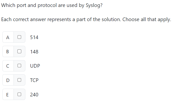 Solved Which port and protocol are used by Syslog?Each | Chegg.com