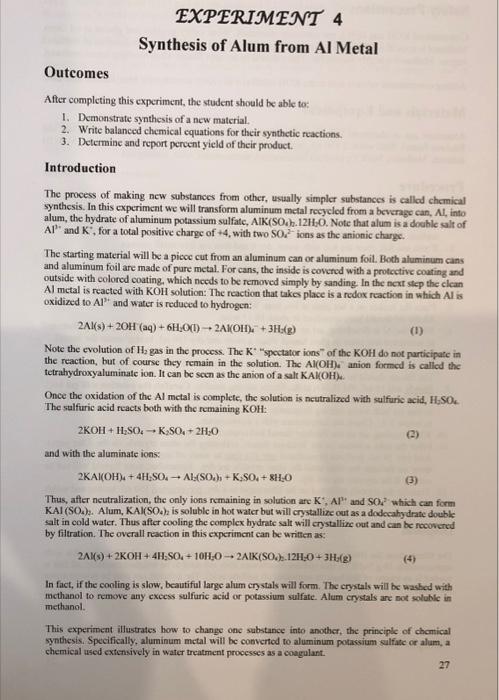 Experimental General Chemistry 1 Experiment 4: | Chegg.com