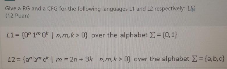 Give a RG and a CFG for the following languages L1 | Chegg.com