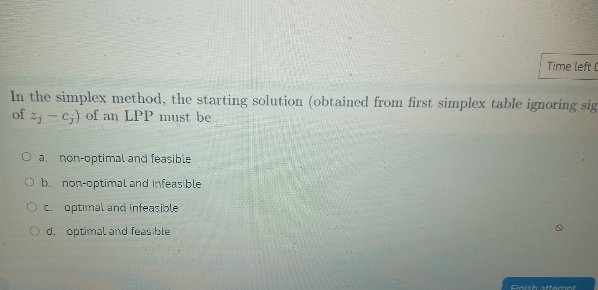 Solved Time leftIn the simplex method, the starting solution | Chegg.com