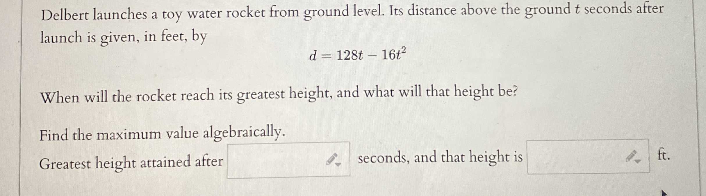 Solved Delbert launches a toy water rocket from ground | Chegg.com