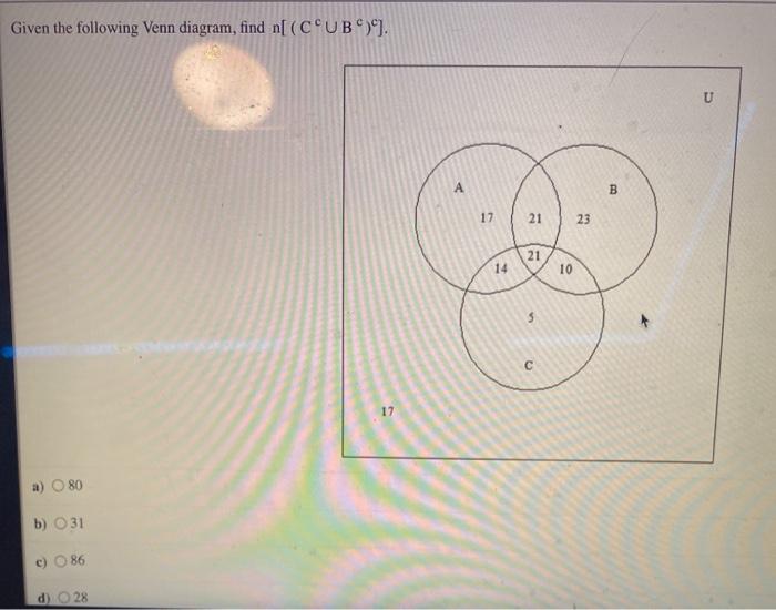 Solved Given the following Venn diagram, find n[ A U(BNC)]. | Chegg.com
