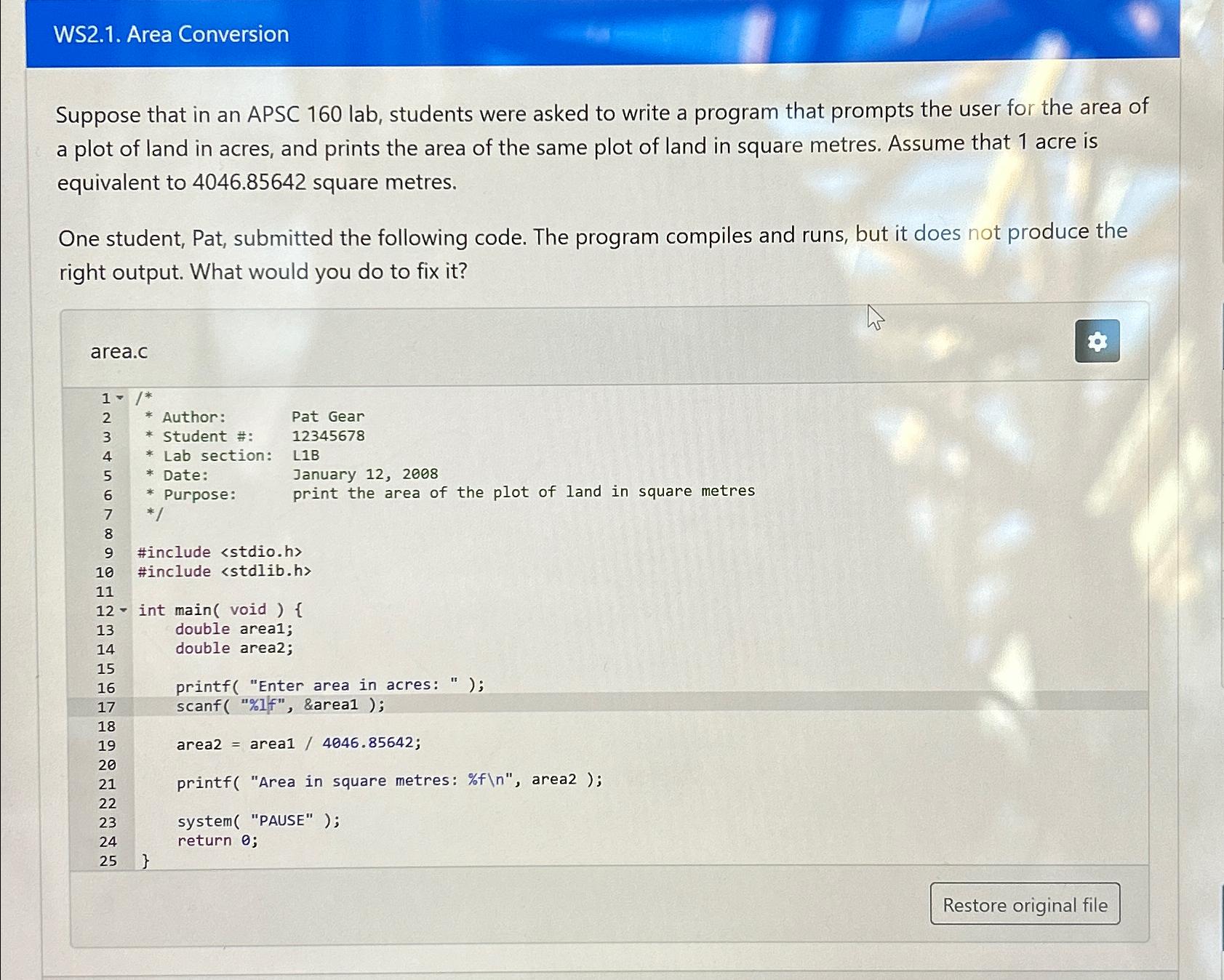 Solved WS2.1. ﻿Area ConversionSuppose that in an APSC 160 | Chegg.com