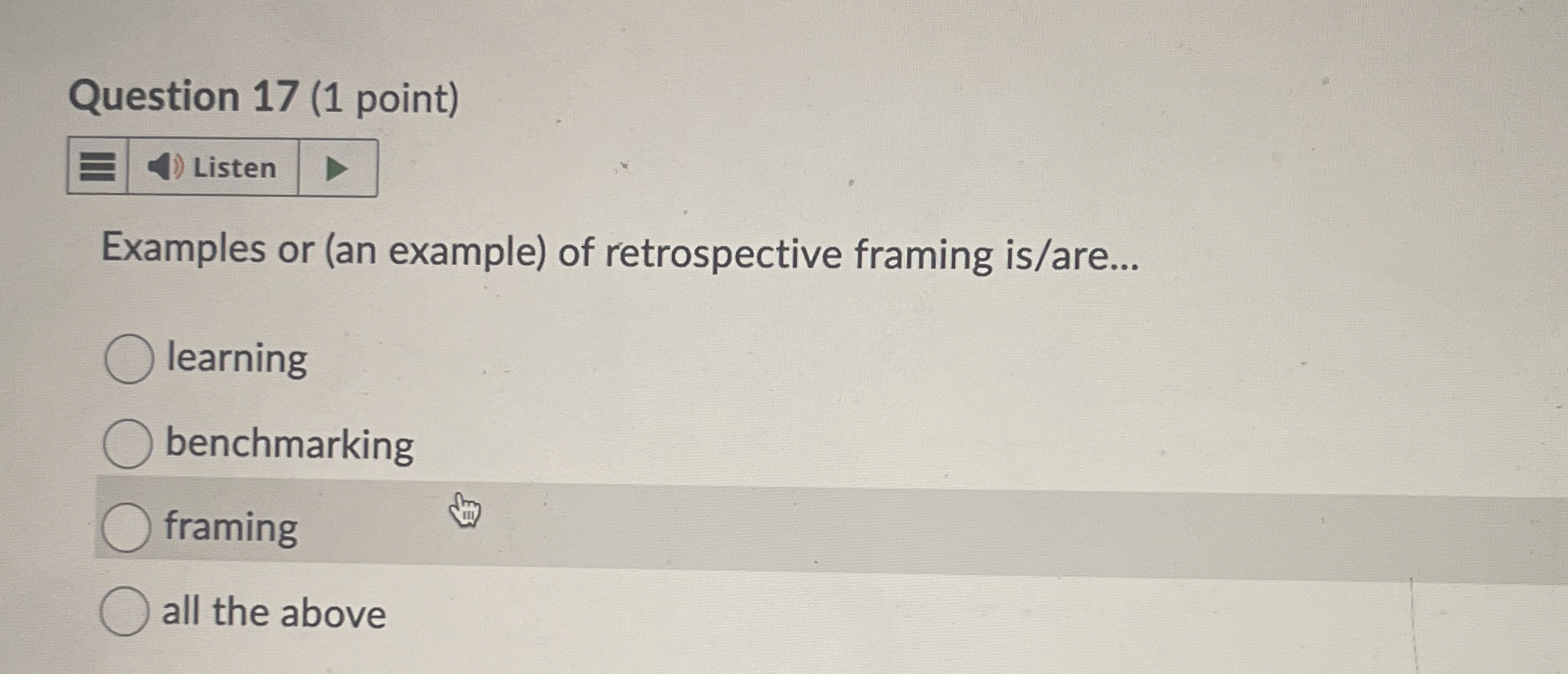 Solved Question 17 (1 ﻿point)Examples or (an example) ﻿of | Chegg.com
