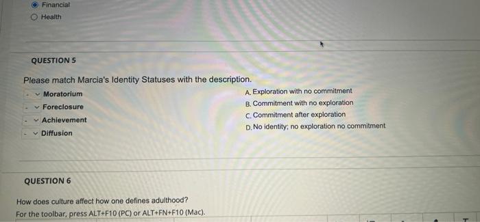 Solved Financial Health QUESTIONS Please match Marcia's | Chegg.com