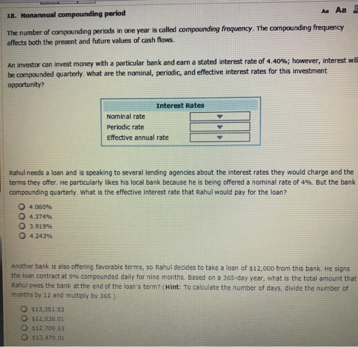 Solved Aa Aa 18. Nonannual compounding period The number of | Chegg.com