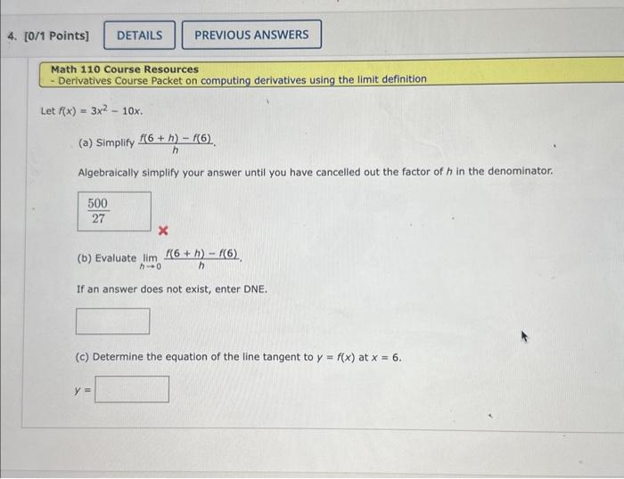 Solved Math 110 Course Resources - Derivatives Course Packet | Chegg.com