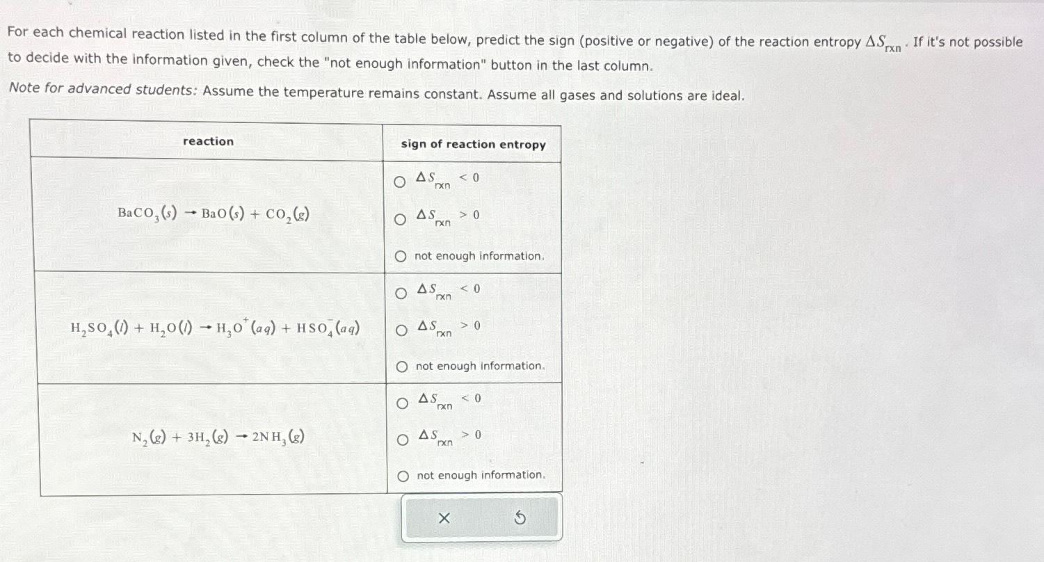 For each chemical reaction listed in the first column | Chegg.com
