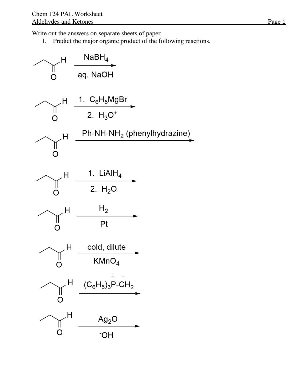 Solved Chem 124 PAL Worksheet Aldehydes and Ketones Write | Chegg.com