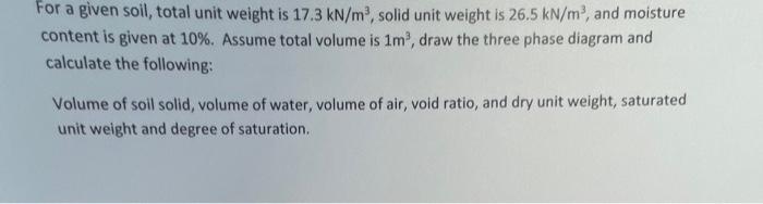 Solved For a given soil, total unit weight is 17.3kN/m3, | Chegg.com