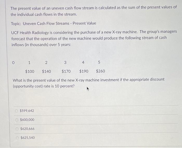 Solved The present value of an uneven cash flow stream is | Chegg.com