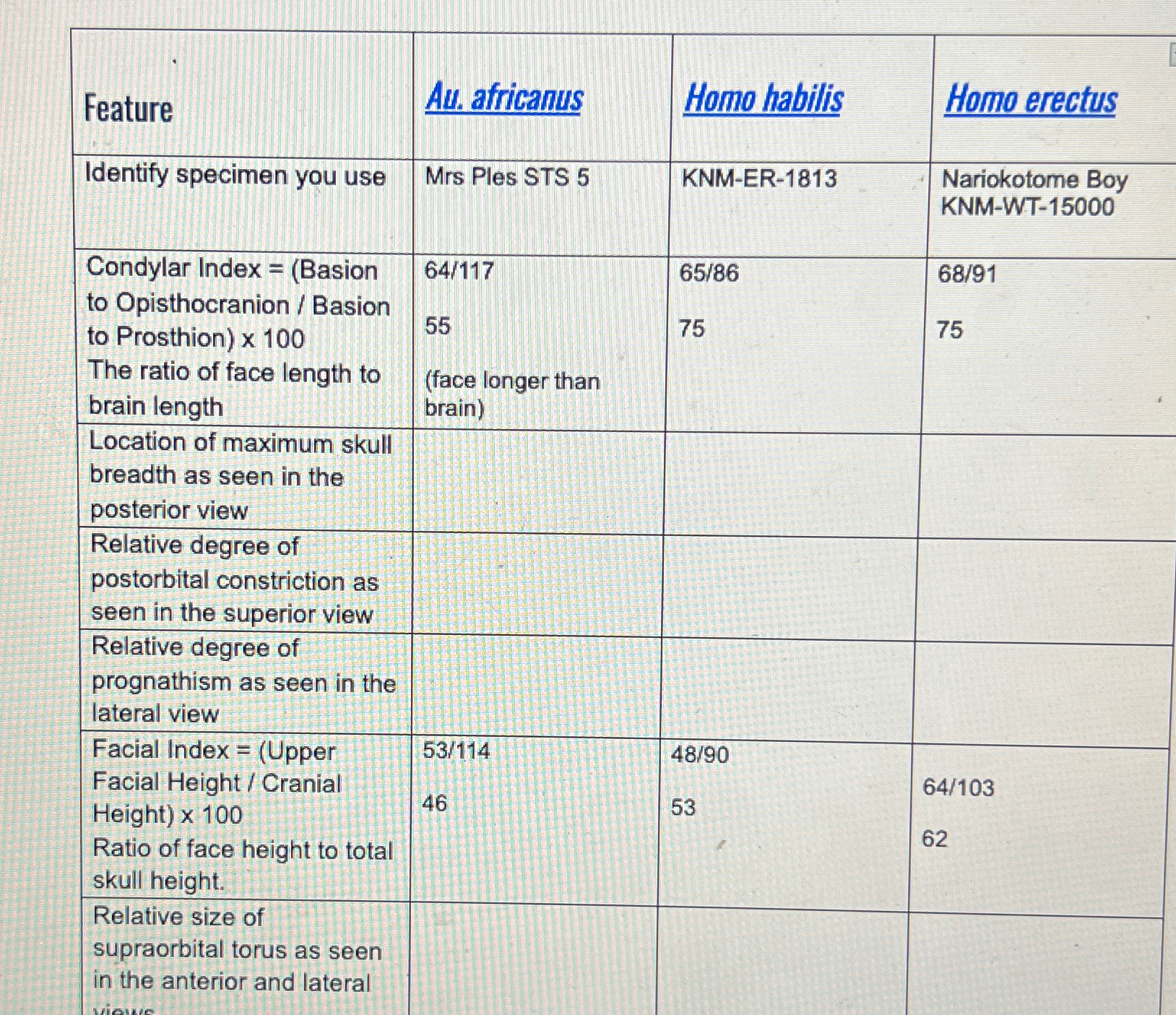 Solved \table[[Feature,Au. ﻿africanus,Homo habilis,Homo | Chegg.com