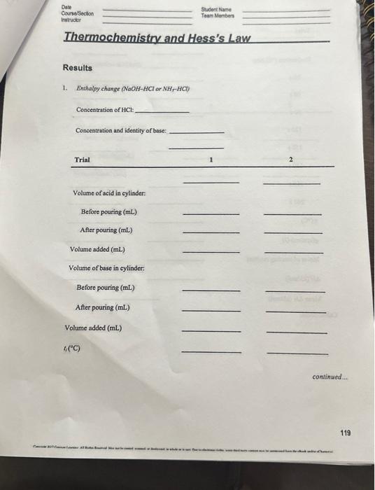 Solved Thermochemistry and Hoas's Law 121 Student name: | Chegg.com