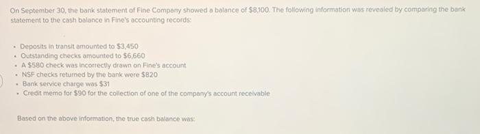 Solved On September 30, the bank statement of Fine Company | Chegg.com