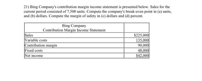 Solved 21 Bing Companys Contribution Margin Income