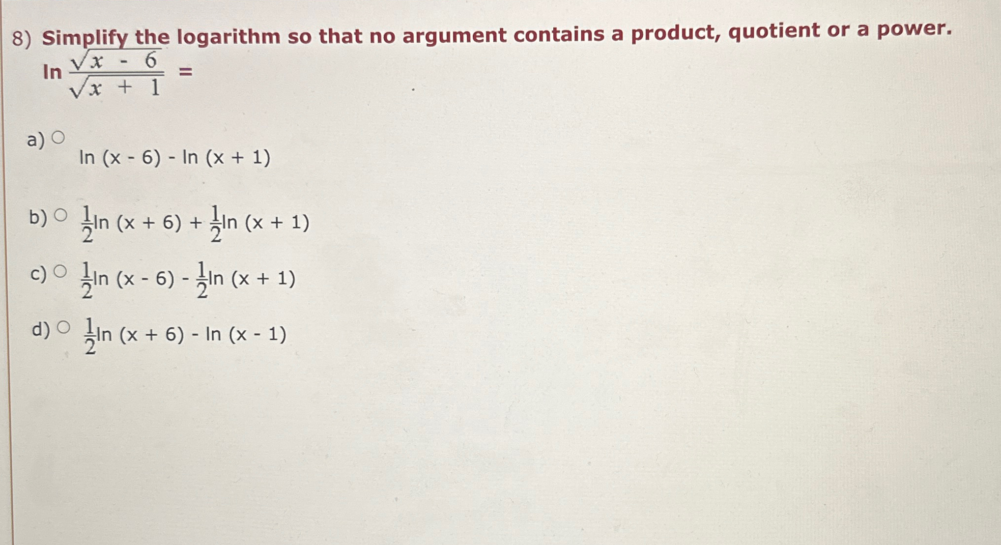 Solved Simplify the logarithm so that no argument contains a | Chegg.com