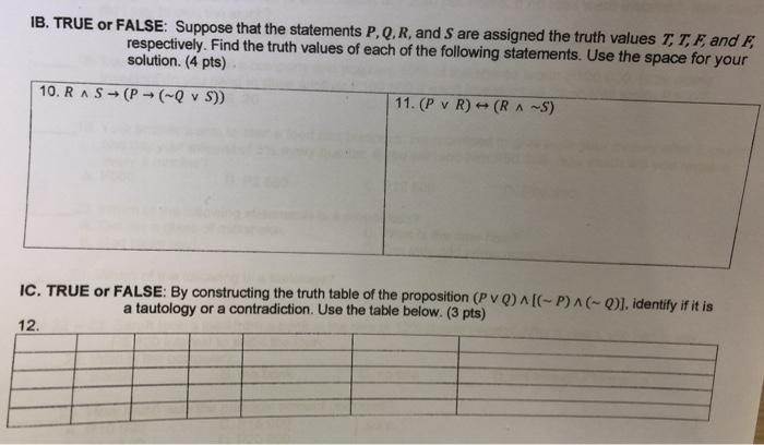 Solved IB. TRUE or FALSE: Suppose that the statements P, Q, | Chegg.com