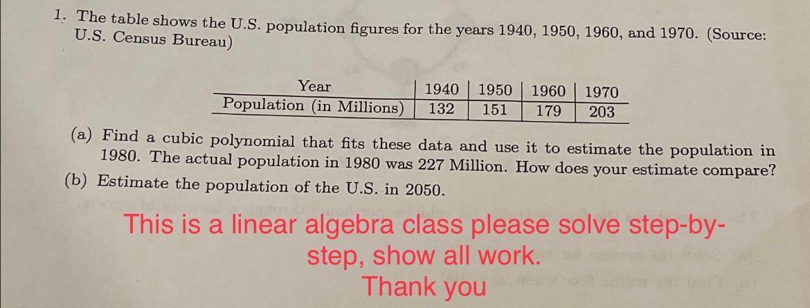 Solved Population The table shows the U.S. ﻿population | Chegg.com