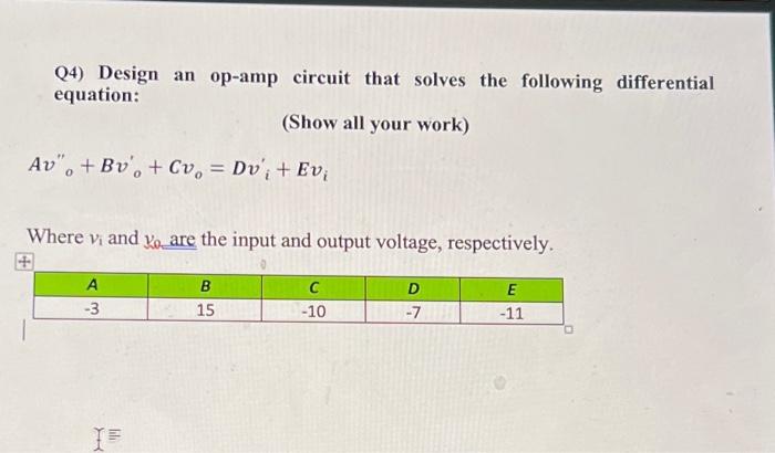 Q4) Design an op-amp circuit that solves the | Chegg.com