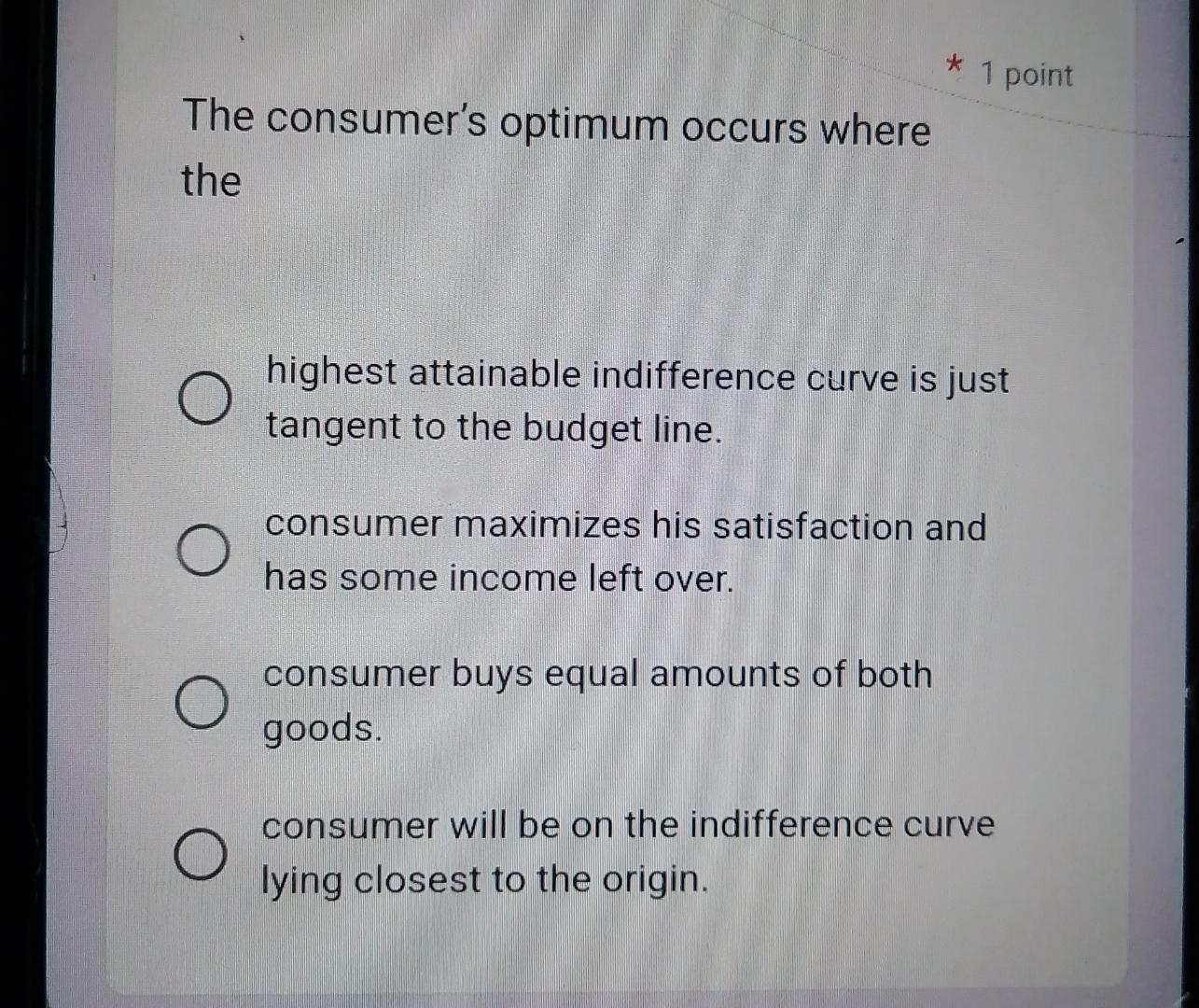 Solved 1 ﻿pointThe consumer's optimum occurs where | Chegg.com