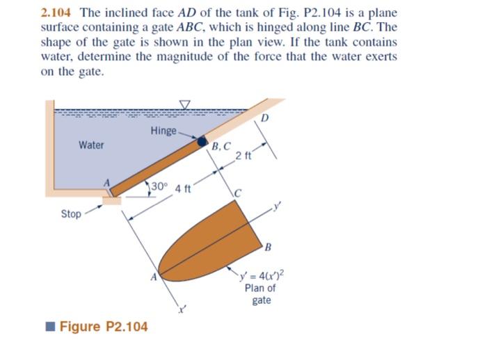 Solved 2.104 The inclined face AD of the tank of Fig. P2.104 | Chegg.com