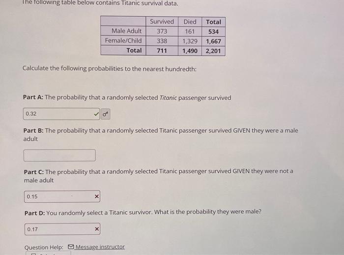 Solved The following table below contains Titanic survival | Chegg.com