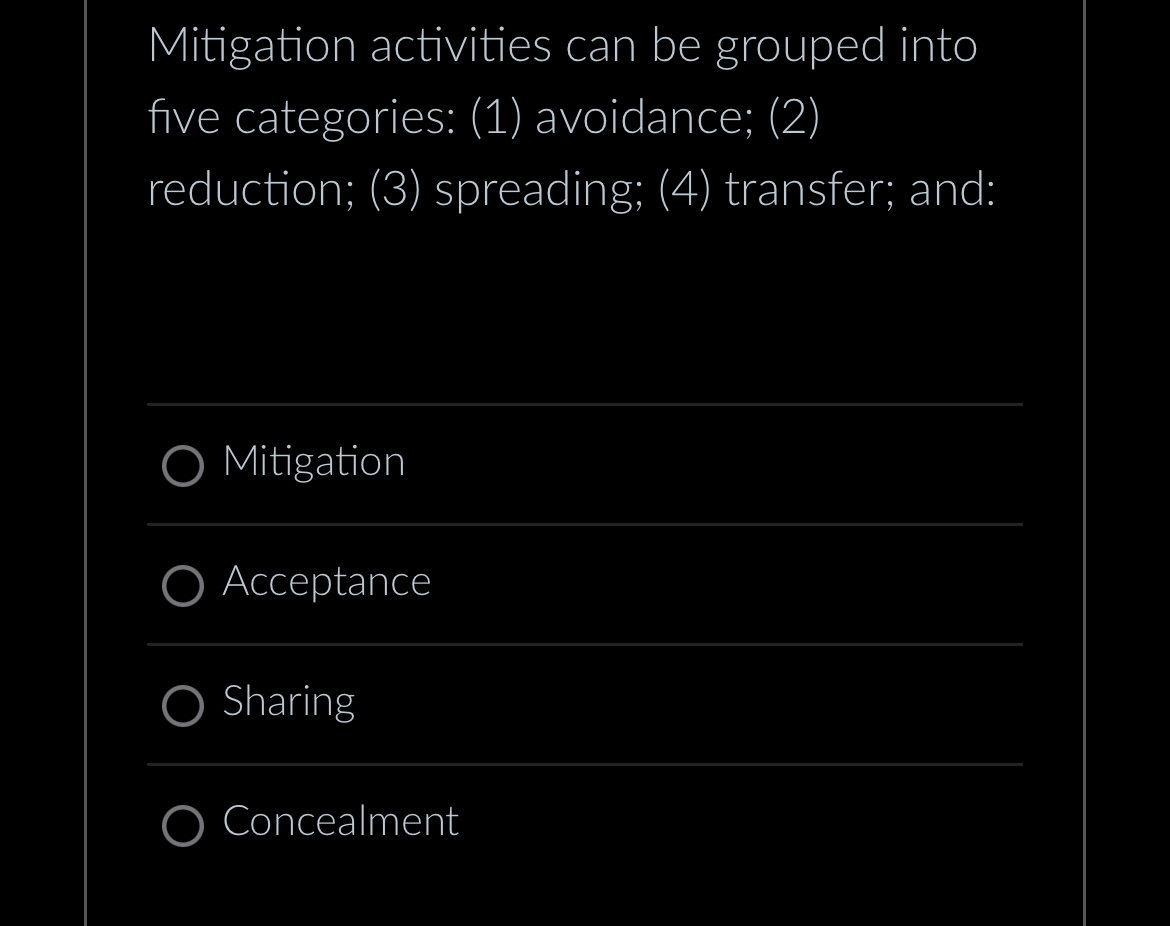 Solved Mitigation activities can be grouped into five | Chegg.com