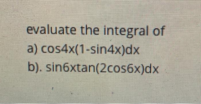 Solved evaluate the integral of a) cos4x(1−sin4x)dx b). | Chegg.com