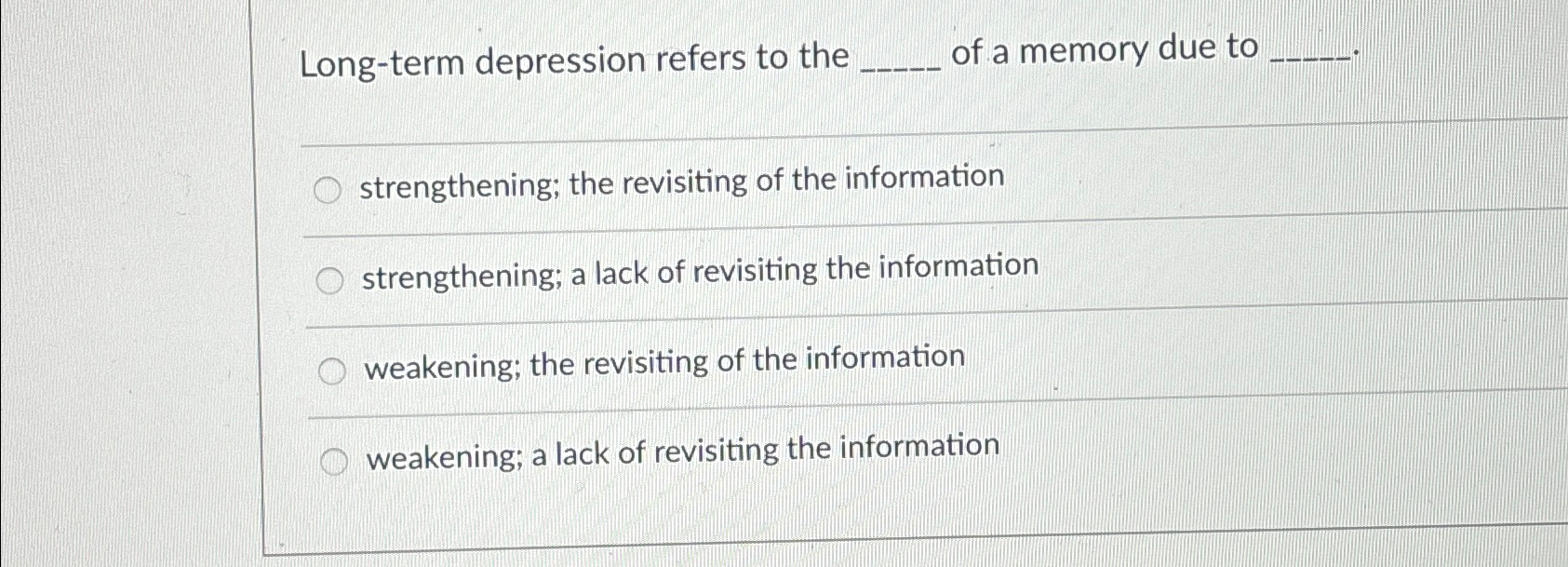 Solved Long-term depression refers to the of a memory due | Chegg.com
