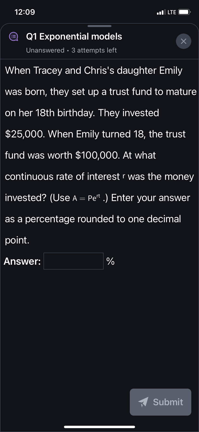 Solved 12:09LTE() ﻿Q1 ﻿Exponential modelsUnanswered 3 | Chegg.com