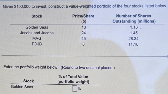 Solved Given $100,000 to invest, construct a value-weighted | Chegg.com