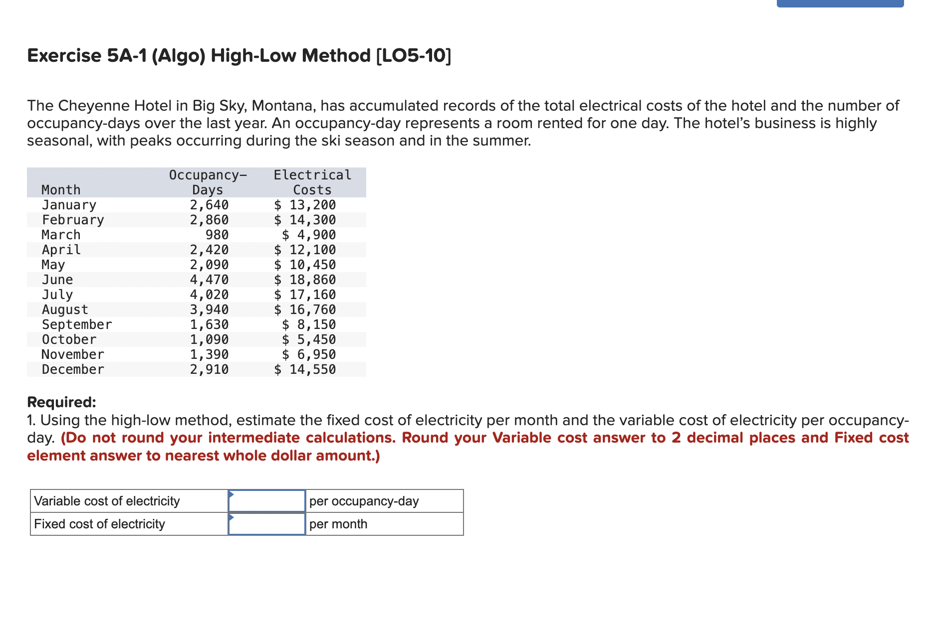 Solved Exercise 5A-1 (Algo) ﻿High-Low Method [L05-10]The | Chegg.com