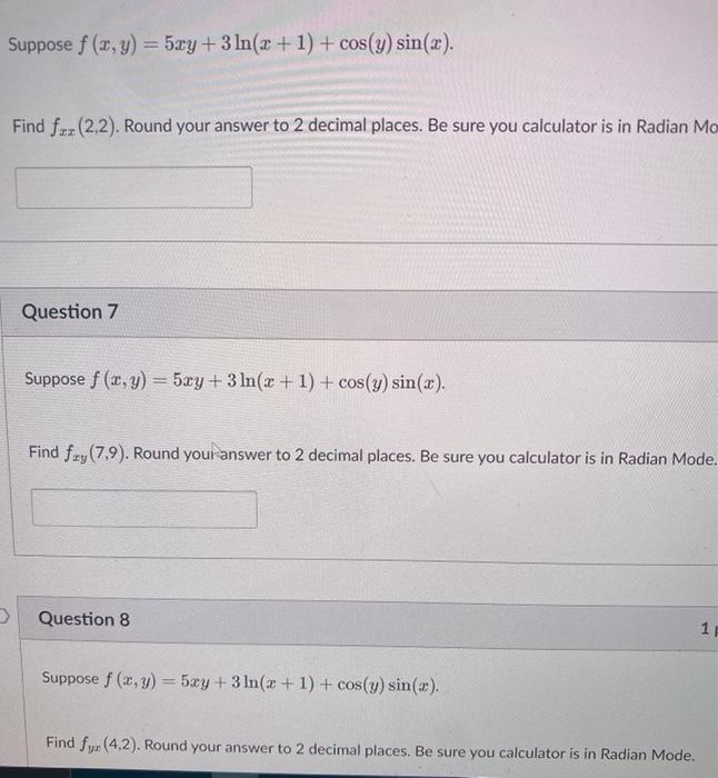 Solved Suppose f (x, y) = 5xy + 3 ln(x + 1) + cos(y) sin(x). | Chegg.com