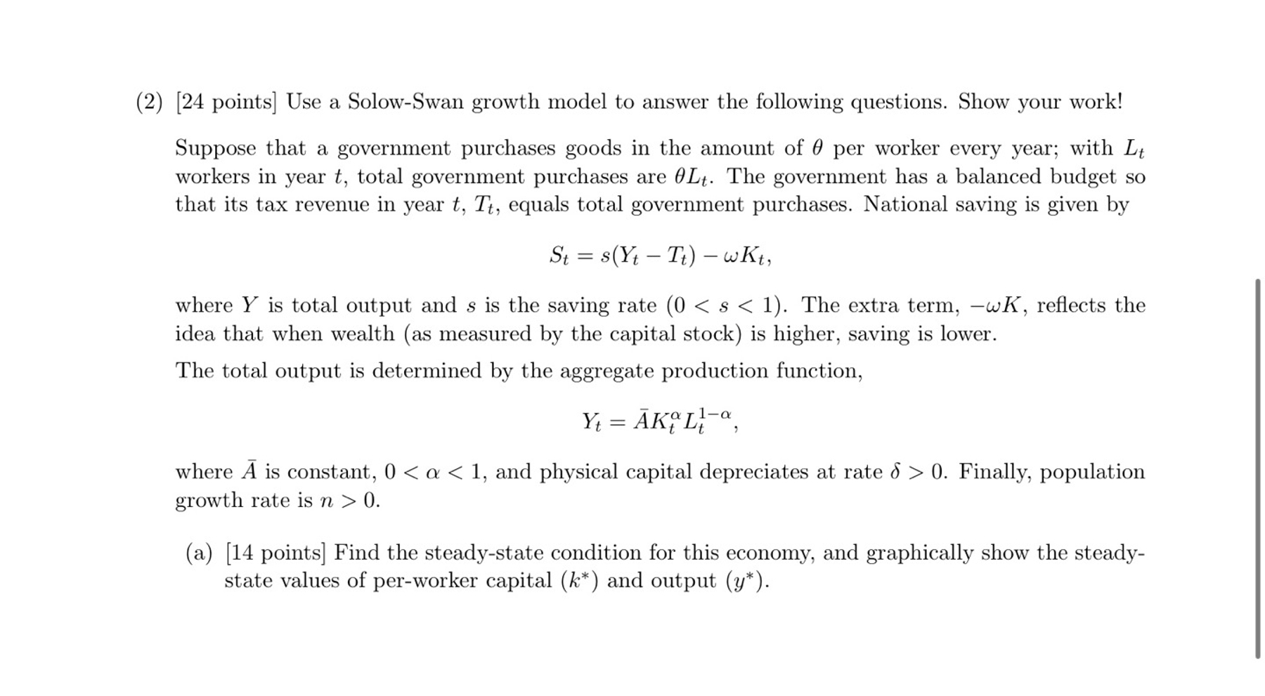 Solved (2) [24 ﻿points] ﻿Use a Solow-Swan growth model to | Chegg.com