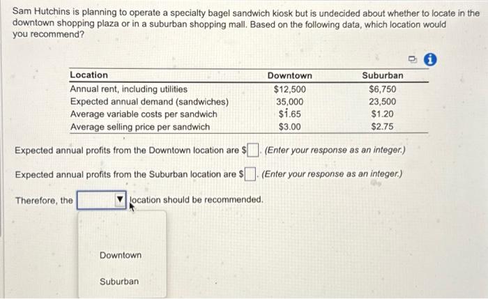 Solved Sam Hutchins is planning to operate a specialty bagel | Chegg.com