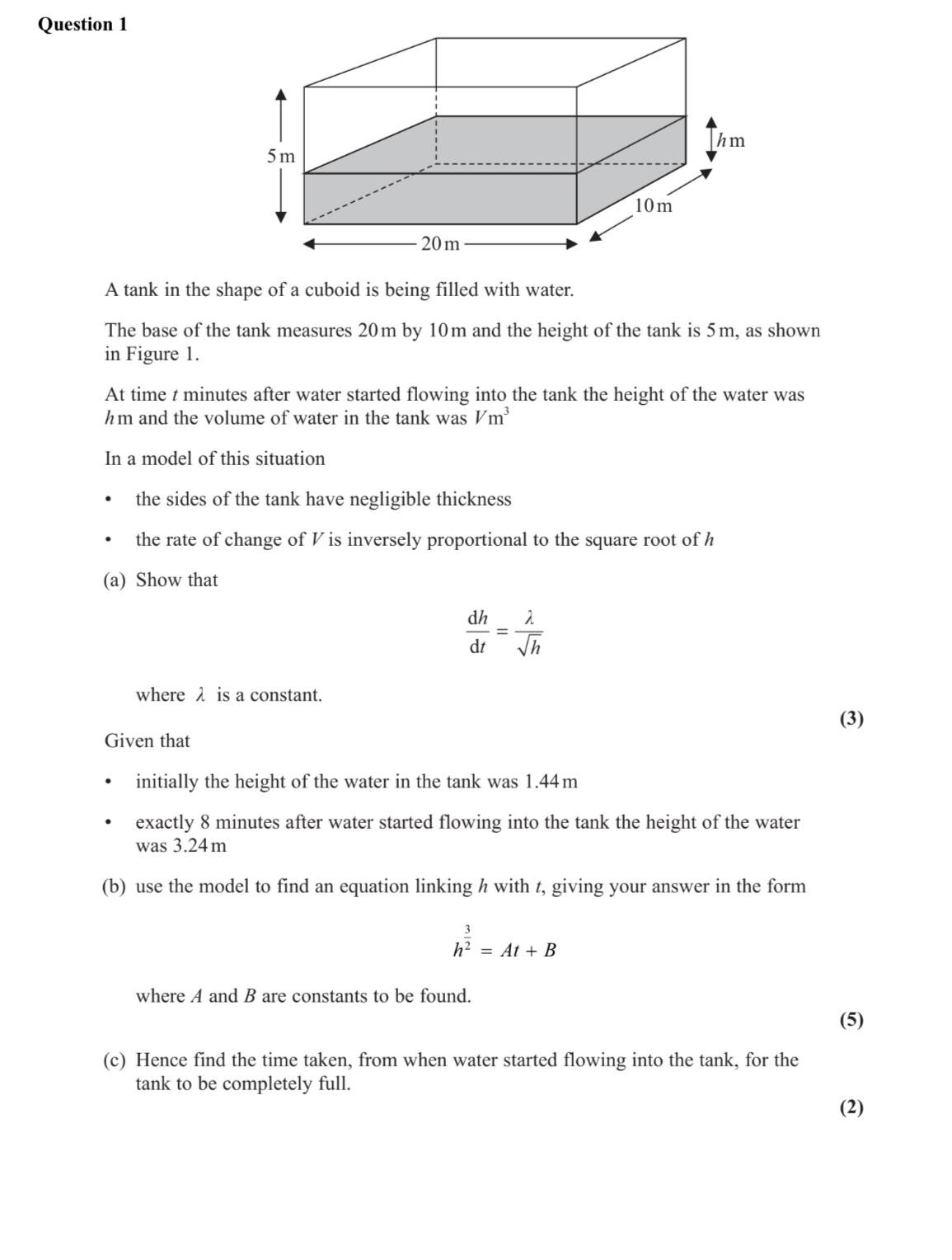 Solved Question 1A tank in the shape of a cuboid is being | Chegg.com Solved Question 1A tank in the shape of a cuboid is being | Chegg.com