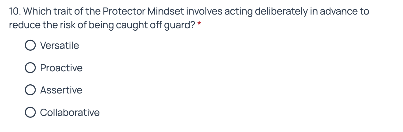 Solved Which trait of the Protector Mindset involves acting | Chegg.com