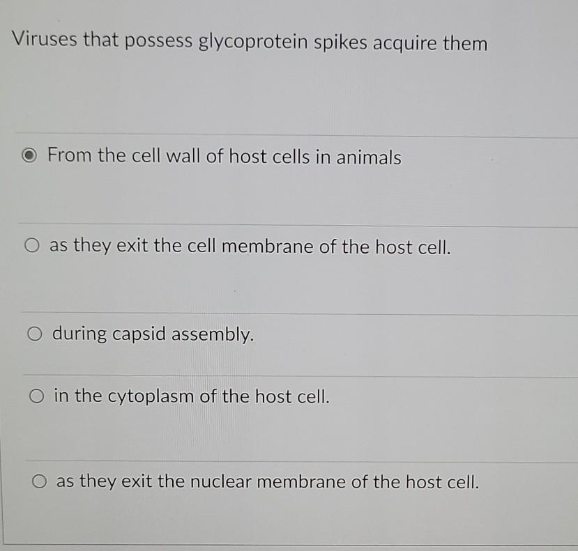 Solved Viruses that possess glycoprotein spikes acquire them | Chegg.com