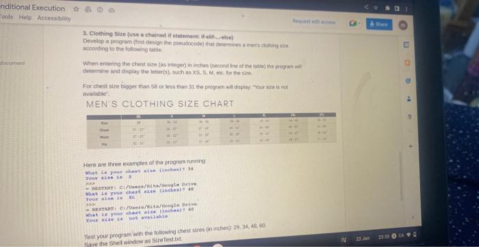 Solved 3. Clothing Sire (use a chained if statement; if | Chegg.com