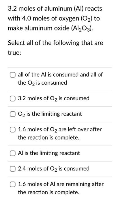 Solved 3.2 moles of aluminum (Al) reacts with 4.0 moles of | Chegg.com