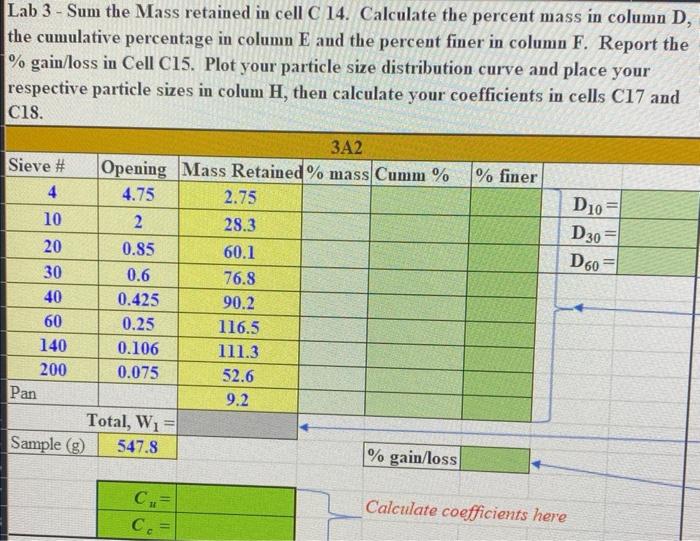 Solved Lab 3 - Sum the Mass retained in cell C 14. Calculate | Chegg.com