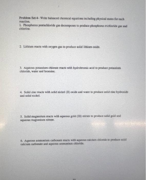 Solved Problem Set 4- Write balnced chemical equations | Chegg.com